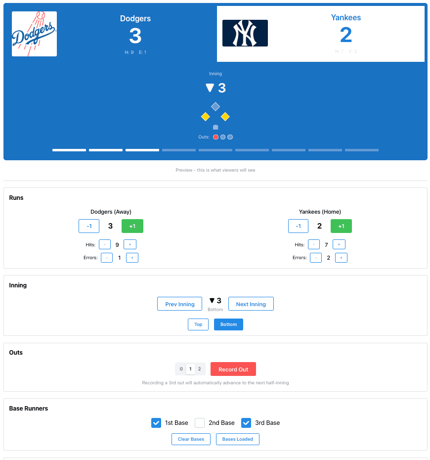 Baseball Scoreboard Online — Free Virtual Scoreboard | ScoreKeeperCo